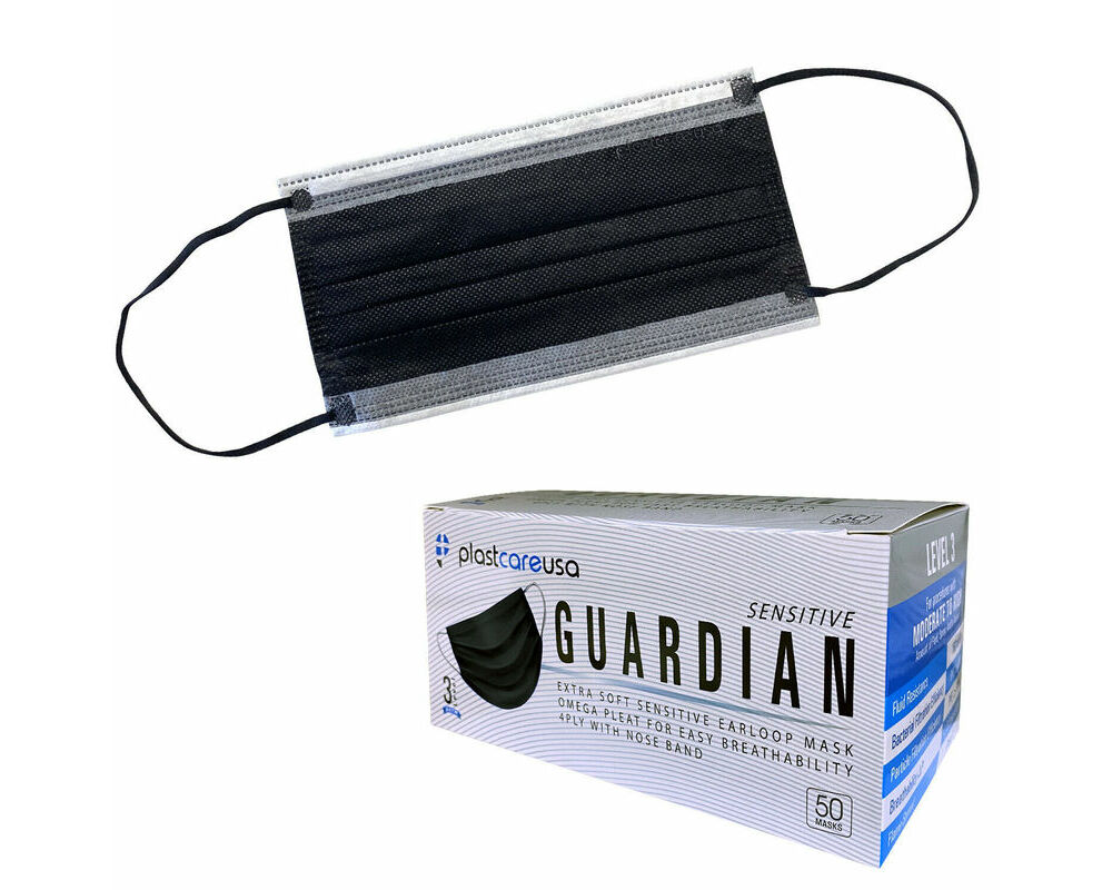 PlastCare USA Black Guardian Earloop Face Mask, ASTM Level 3 50/Box ...