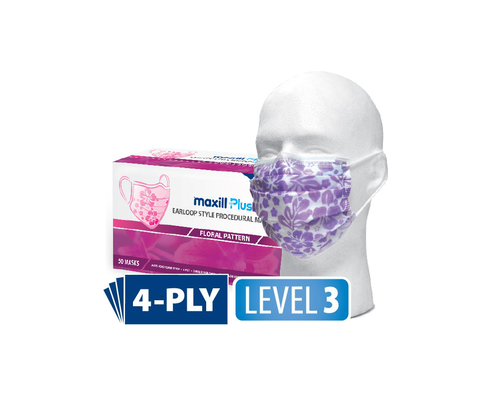 maxill Plus 4 ply Level 3 Earloop Style Procedural Masks - Blue Floral ...